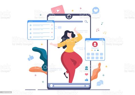 소셜 네트워크에서 순간을 공유하거나 팔로워를 위한 게시물을 만드는 영향력 있는 블로거 콘텐츠 제작자 는 포스터 및 웹 디자인 템플릿 벡터 일러스트레이션에 사용할 수 있습니다