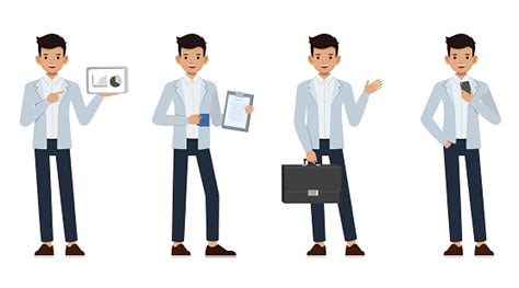 아시아 사업가는 파란색 정장 캐릭터 벡터 디자인을 착용합니다 다양한 액션으로 프리젠 테이션 감독에 대한 스톡 벡터 아트 및 기타 이미지 Istock