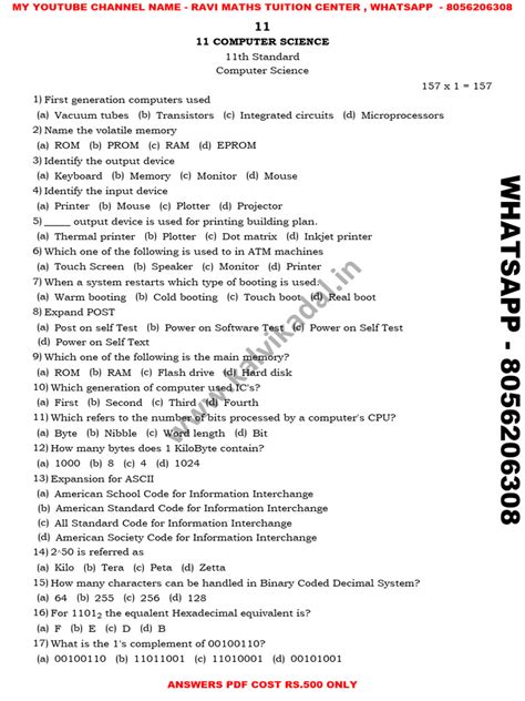 11th Computer Science 123 And 5 Marks Question Bank Em Pdf