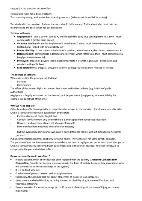 Lecture 1 Introduction Lecture 1 Introduction To Law Of Tort Tort Creates Room For