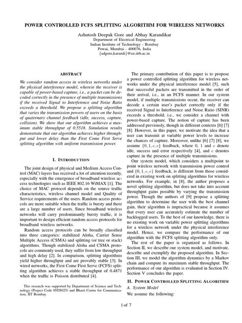 Power Controlled Fcfs Splitting Algorithm For Wireless Networks Gore