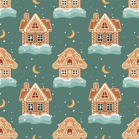 Navidad Sin Costura Modelo De Pan De Jengibre Casas Con Nieve Y Luna