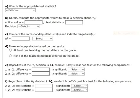 solved a what is the appropriate test statistic select b obtain