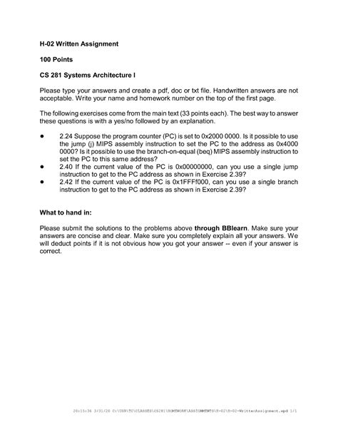 H 02 Written Assignment H 02 Written Assignment 100 Points Cs 281 Systems Architecture I