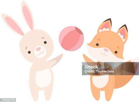 사랑스러운 흰색 작은 토끼와 여우 새끼 공 귀여운 가장 친한 친구 사랑스러운 토끼와 강아지 만화 캐릭터 벡터 일러스트 와 함께