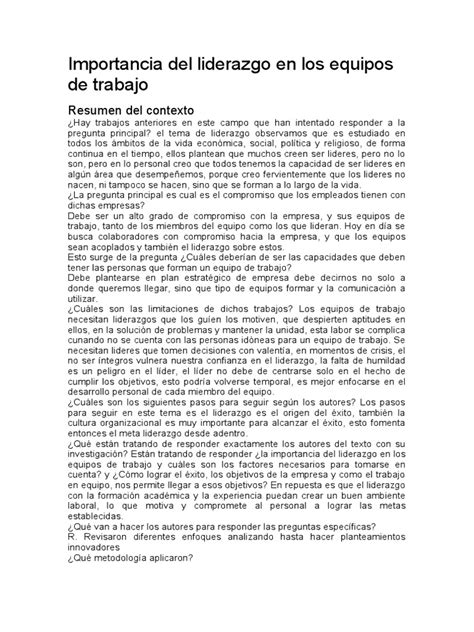 Mi Parte Importancia Del Liderazgo En Los Equipos De Trabajo Pdf