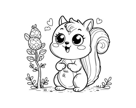 Cute Cartoon Character Of Squirrel For Coloring Book Outline Line Art