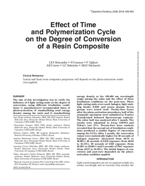 Pdf Effect Of Time And Polymerization Cycle On The Degree Of Conversion Of A Resin Composite