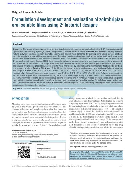 Pdf Formulation Development And Evaluation Of Zolmitriptan Oral Soluble Films Using 2