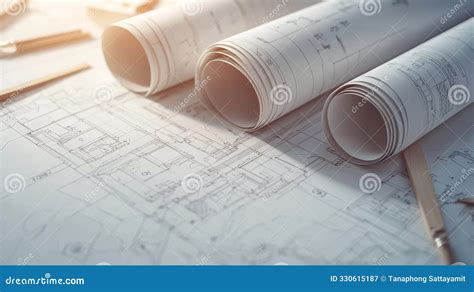 Architectural Blueprints And Design Plans Rolled Up On A Table