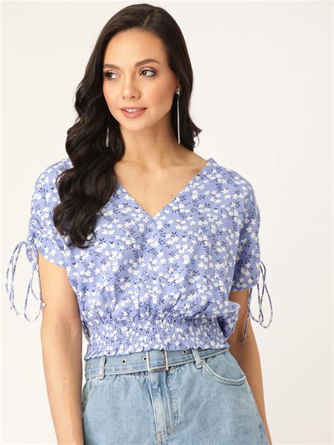 Buy 20dresses Women Blue And White Floral Print Blouson Top Tops For