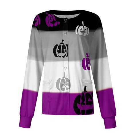 Dengdeng Halloween Scrub Jackets For Women Snap Front Pumpkin Bats