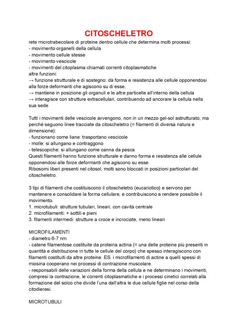 Il Citoscheletro Struttura E Funzioni Sbobinature Di Citologia Docsity