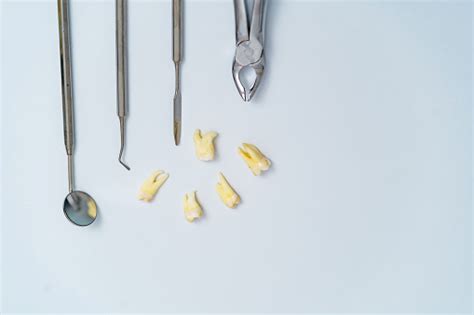 환자를 검사하기위한 특정 의료 치과 기기 치아 모델 치과 세트 거울 프로브 치아 흰색 배경에 고립 된 개념 관리 치과 치료 개념