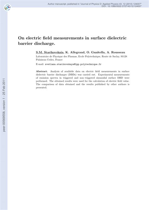 Pdf On Electric Field Measurements In Surface Dielectric Barrier Discharge