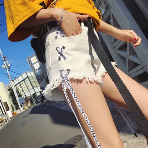 Denim High Waist Shorts Women Ribbon Jeans Streetwear Hip Hop Mini