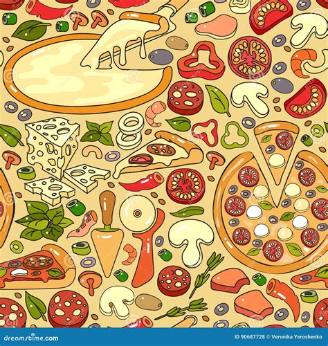 Vector Seamless Pattern Of Hand Drawn Colorful Pizza Ingredient Stock