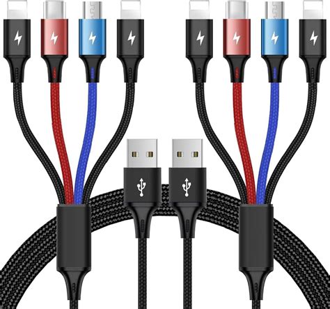 2pack 4ft Multi Charging Cable4 In 1 Nylon Braided Multiple Usb Fast Charger Cord Adapter Type