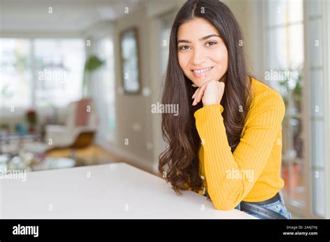 Beautiful Brunette Woman Smiling Cheerful With Big Smile Looking