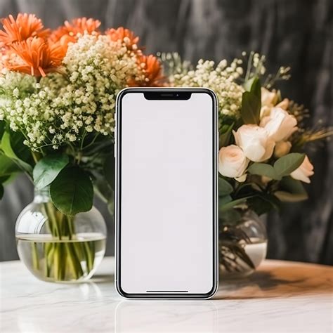 Maqueta De Iphone De Elegancia Floral Con Pantalla Blanca Y Hermosos Arreglos Florales Foto