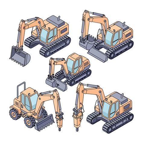 Isometric Set Of Heavy Construction Excavators Diverse Earthmoving