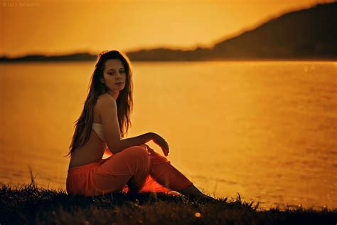 Wallpaper Sunlight Women Model Sunset Lake Love Red Sitting