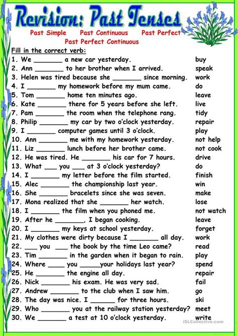 Revisionpast Tenses Past Tense Worksheet Tenses English English