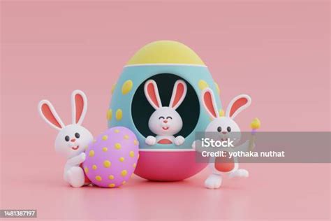 행복한 부활절 날 귀여운 토끼와 화려한 부활절 달걀 국제 봄 축하 3d 렌더링 4월에 대한 스톡 사진 및 기타 이미지 4월