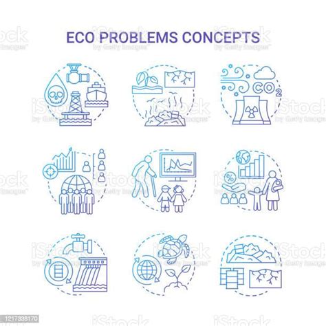 에코 문제 개념 아이콘 설정 생태 재해 아이디어 얇은 라인 일러스트 블루 물 토양 및 공기의 오염 인구 과잉 및 생물 다양성 벡터 절연 선도선 도면 땅에 대한 스톡 벡터