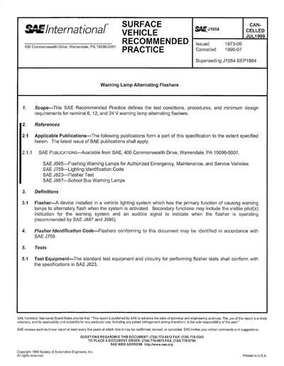 SAE J 1054-1999 (SAE J1054-1999) - Warning Lamp Alternating Flashers ...
