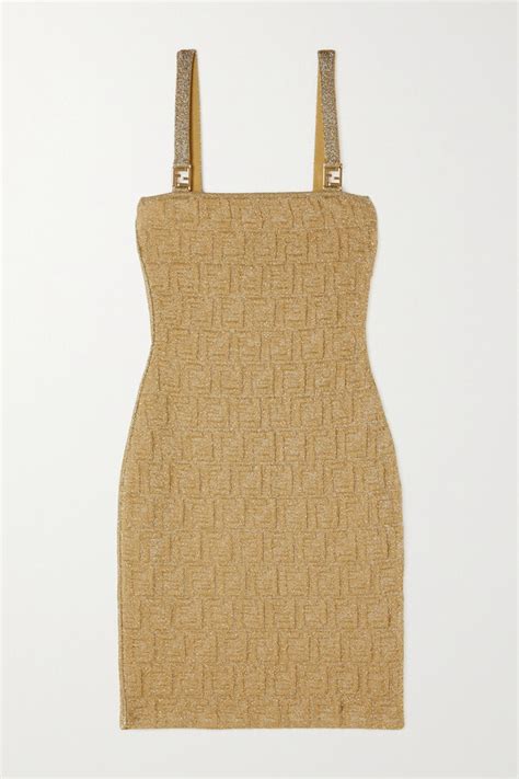 Fendi Logo Jacquard Metallic Knitted Mini Dress Gold Shopstyle