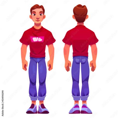 Young Man Cartoon Character Front And Back View Teenager Youth Wear