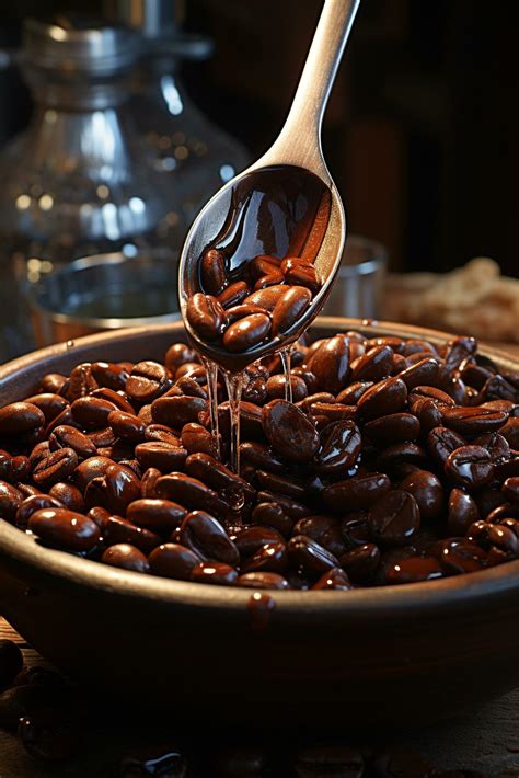 A Wooden Spoon Of Java Beans Flying Over Dark Background 29637956 Stock