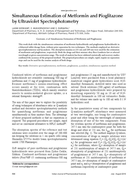 Simultaneous Estimation Of Metformin And Pioglitaz Pdf