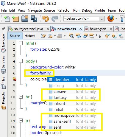 Netbeans 8 2 Code Completion For CSS Font Family Stack Overflow