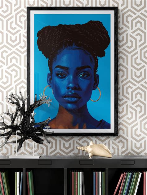 Large Vintage African American Wall Art Black Woman Digital Print Blue