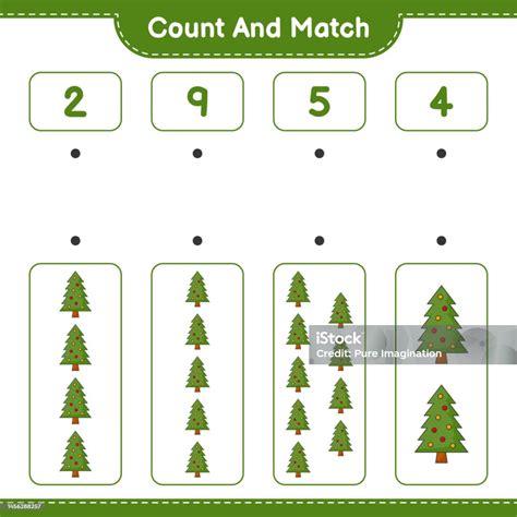 세고 일치시키고 크리스마스 트리의 수를 세고 올바른 숫자와 일치시킵니다 교육 어린이 게임 인쇄 워크시트 벡터 일러스트 레이 션
