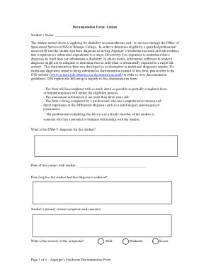 Fillable Online Documentation Form Autism Spectrum Disorder Students