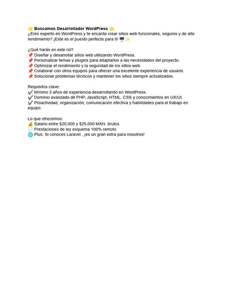 Buscamos Desarrollador Wordpress Compulsive Coders Pdf