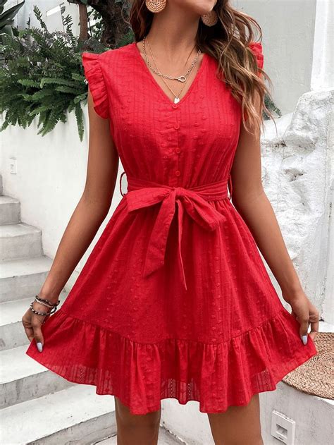 Swiss Dot Ruffle Trim Belted Dress Red Casual A Line Women Dress