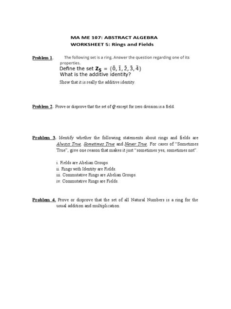 Abstract Algebra Worksheet 5 Rings And Fields Pdf