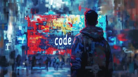 Digital Painting Of A Futuristic City With A Cyber Code Display Stock