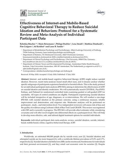 Pdf Effectiveness Of Internet And Mobile Based Cognitive Behavioral Therapy To Reduce Suicidal