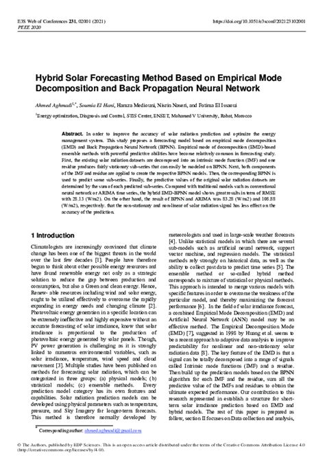 Pdf Hybrid Solar Forecasting Method Based On Empirical Mode Decomposition And Back Propagation