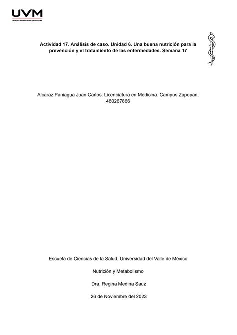 Actividad 17 Nutrición y Metabolismo Actividad 17 Análisis de caso