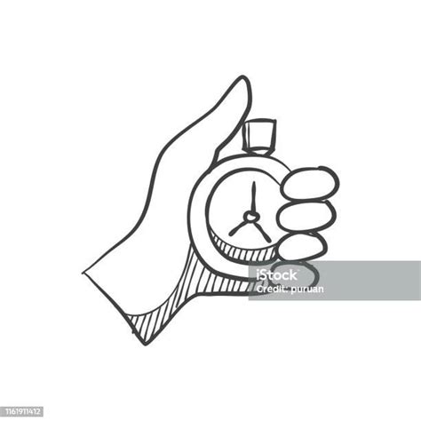 스케치 스타일의 스톱워치 아이콘을 들고 있는 손 벡터 그림입니다 스톱워치에 대한 스톡 벡터 아트 및 기타 이미지 스톱워치