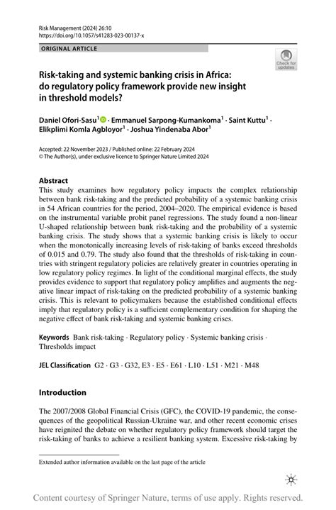 Risk Taking And Systemic Banking Crisis In Africa Do Regulatory Policy