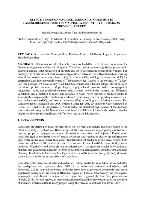 Pdf Effectiveness Of Machine Learning Algorithms In Landslide Susceptibility Mapping A Case