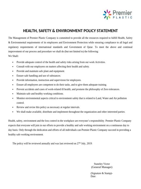 Hse Policy Statement For Premier Plastic Company Pdf