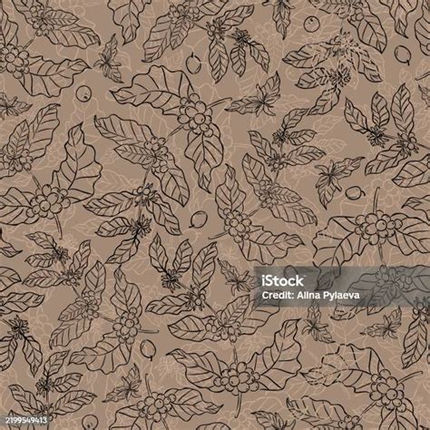 갈색 배경에 손으로 그린 커피 가지 잎 꽃 원두를 검은색 윤곽선으로 표현한 이음새 없는 패턴으로 포장 및 직물에 이상적입니다 0명에 대한 스톡 벡터 아트 및 기타 이미지